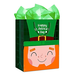 SICOHOME St Patricks Day Gift Bag 11.5"x 9" Green Buffalo Plaid Gift Bags with Tissue Paper, Happy St.Patricks Gift Wrapping Bags for Kids Classroom Party Favor Supplies