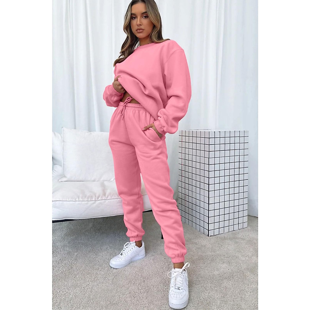 KANSOON Outfits for Women 2 Piece Sets Long Sleeves Pullover Sweatshirt Drawstring Jogger Sweatpants Set Pink S