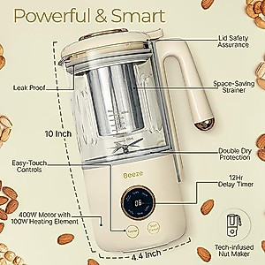 BEEZE Automatic Nut Milk Maker - 14oz Nut Milk Maker Machine - Almond Milk Maker - Milk Tea, Soy, Oat, Almond, Cashew, Coconut Milk, Glass Blender, Built In Strainer, Smart Touch, Recipe Book Included