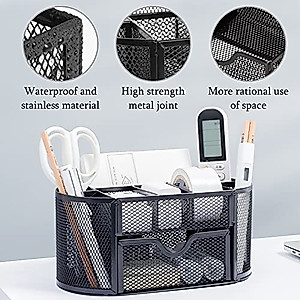 Mesh Pen Holder, Desk Organizer for Desk Pencil Holder with 8 Compartments and 1 Drawer Desk Supplies for Office Home 1 PC