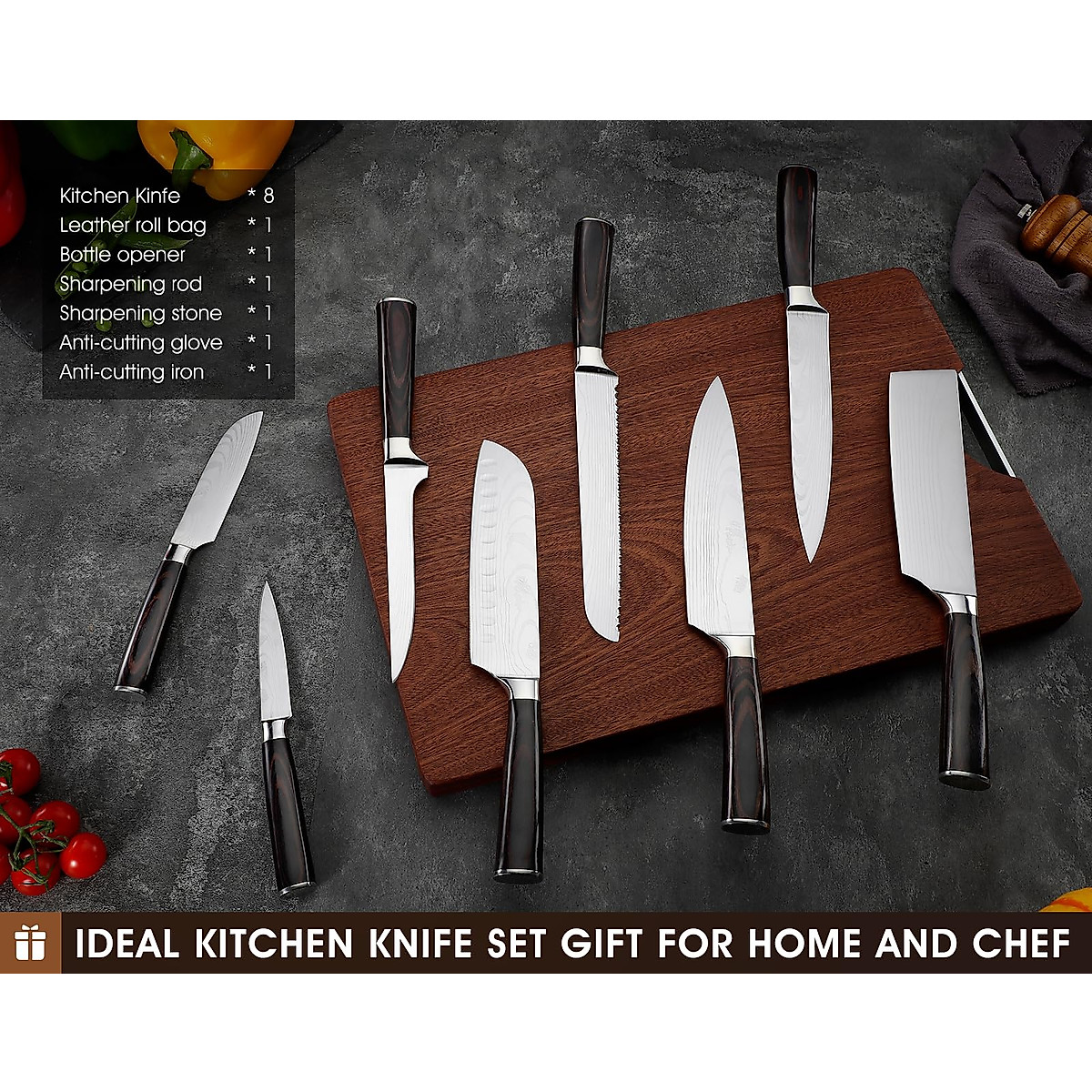 DRAGON ROIT Japanese Knives Set Damascus Pattern Chef Knife Set for Kitchen with Roll Bag, Sharp 14Pcs Stainless Kitchen Knife Set Brown Handle