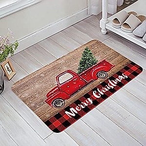 Christmas Bath Rugs Red Truck With Xmas Tree Sponge Doormat Absorbent Non Slip Durable Flannel Mat Red Black Check Plaid Retro Wood Grain Christmas Memory Foam Mats for Bathroom Kitchen 18 x 30 inches