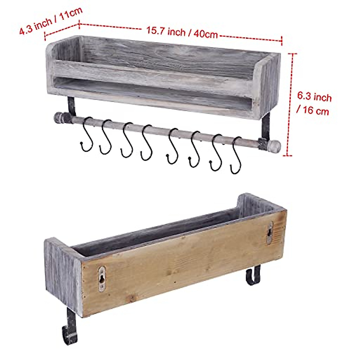 Satauko Wooden Floating Shelves with 8 Hooks for Kitchen Spice Rack, Wall Mounted Shelf with Towel Bar for Bathroom Organizer, Wall Hanging Book Shelves for Nursery Storage.(Grey)