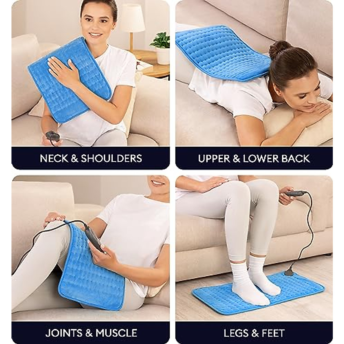 Double Sided XL Electric Heating Pad for Back Pain & Cramps Relief, Heat Pad with 6 Heat Settings, Auto Shut Off, Machine Washable, Ultra Soft, Gifts for Women, Gifts for Men (12"x24" Electric Blue)