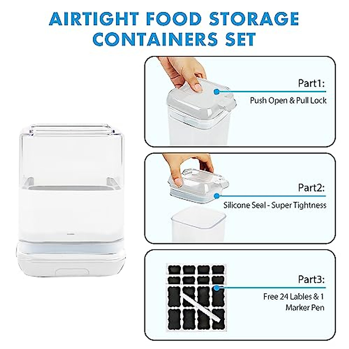 OMNISAFE Airtight Food Storage Container Set, 7Pcs Kitchen & Pantry Organization Containers, BPA Free Clear Plastic Canisters for Cereal, Sugar & Dry Food with Easy Lock Lid, Include 9 Labels,