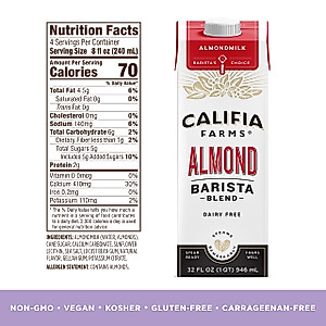 Califia Farms - Original Almond Barista Blend Almond Milk 32 Oz (Pack Of 6), Shelf Stable, Dairy Free, Plant Based, Vegan, Gluten Free, Non GMO, High Calcium, Milk Frother, Creamer