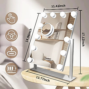 SLIMOON Hollywood Vanity Mirror with Lights, 12 Dimmable LED Bulbs Lighted Makeup Mirror with Detachable 10X Magnification Mirror, 1000mAh Rechargeable, 3 Color Lights, Touch Control