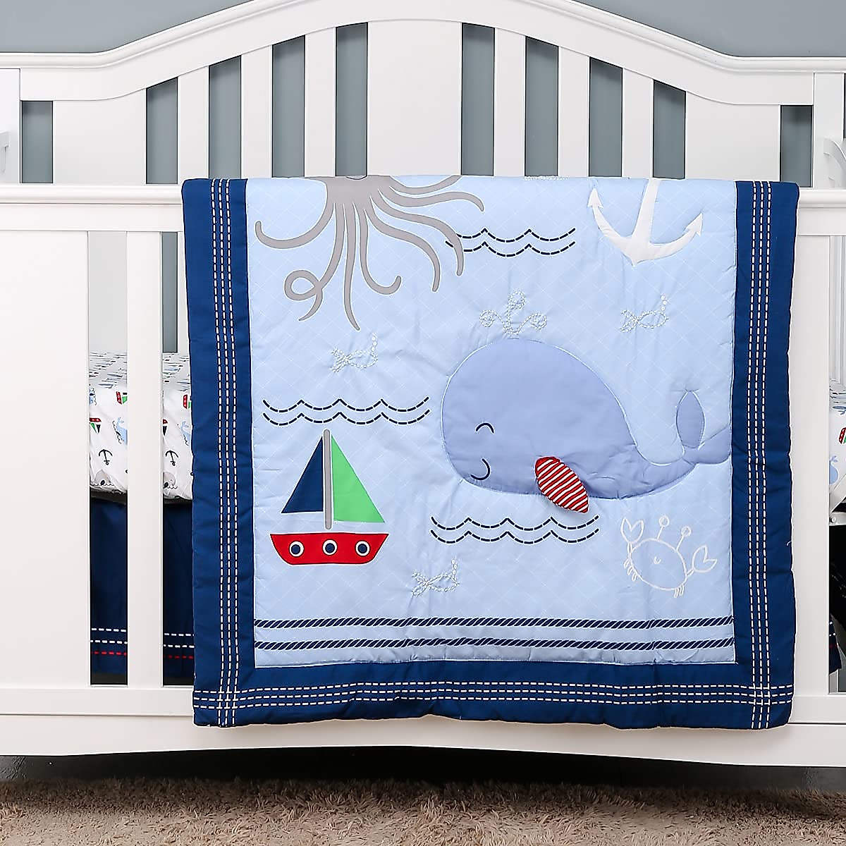Brandream Ocean Baby Crib Bedding Set for Boys with Nautical Whale Octopus Anchor Coastal Undersea Theme, 3pcs