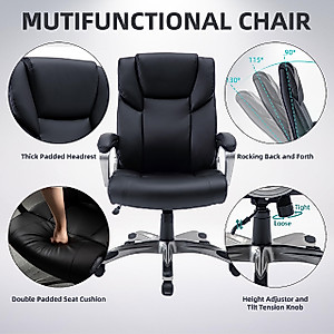 ICOMOCH Modern Soft Leather Ergonomic Executive Computer Boss Padding Armrest Swivel Desk Office Chair, Large, Black