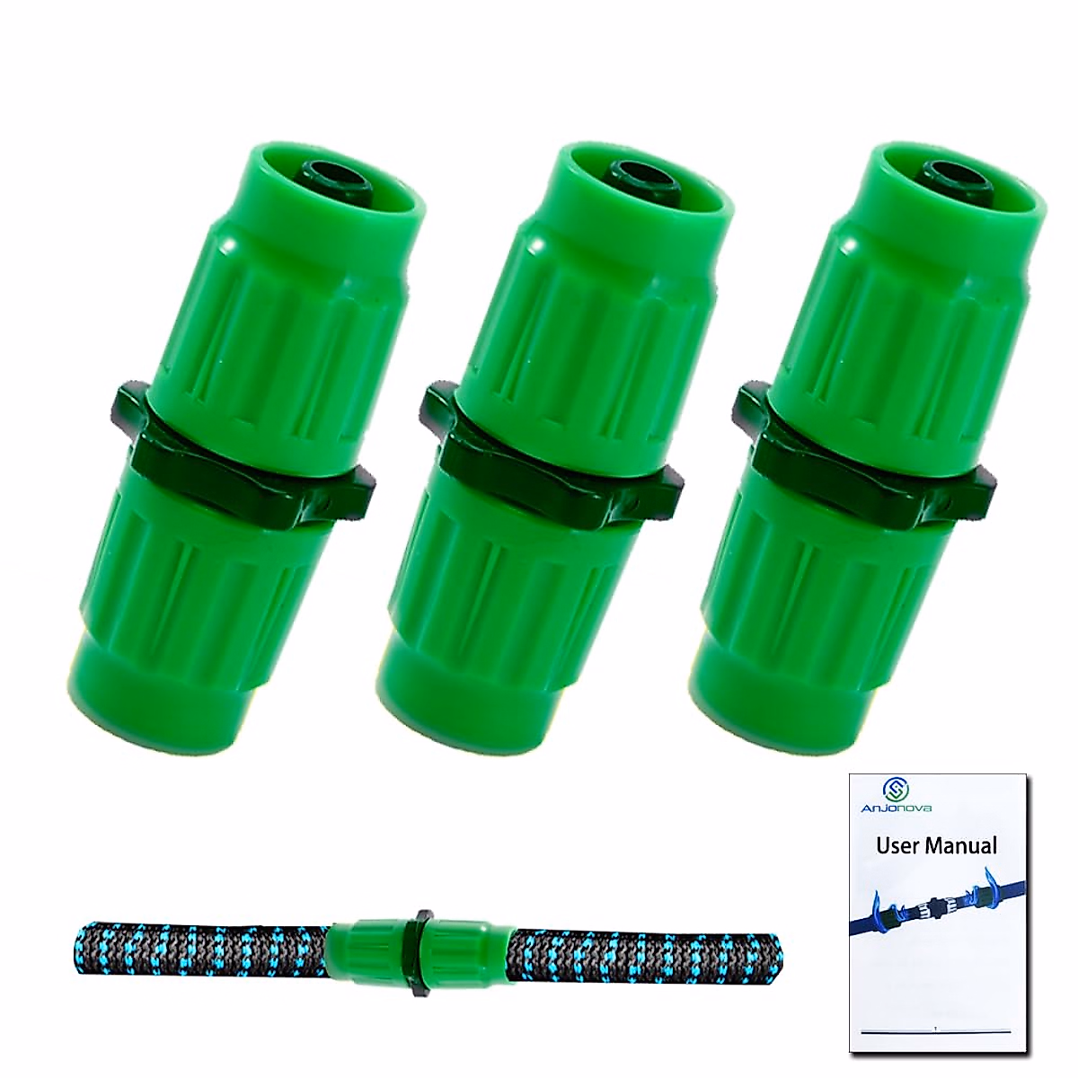 Anjonova 3 Sets Expandable Garden Hose Repair Kit with User Manual, Dual-Channel Hose Female Male Connectors Compatible with Pocket Hose, Fits Expandable Garden Hose 25 50 75 100 FT, Green