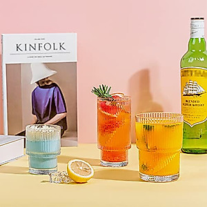 Combler Ribbed Drinking Glasses, Ribbed Glass Cups 11oz Set of 4, Ribbed Glassware for Water Whiskey Beer Cocktail Glasses, Iced Coffee Cup, Apartment Must Haves Essentials, Birthday Gifts for Women