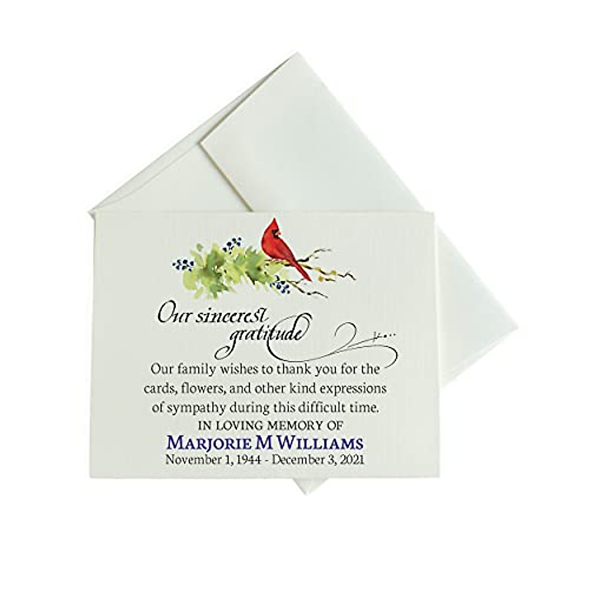 Personalized Funeral Thank You Cards with Cardinal, A2 Folded Cards, Choose Quantity, Sympathy Acknowledgement Cards Red Bird, Celebration of Life Thank You Notes for Friends with Matching Envelopes