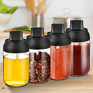 Supkiir 4Pcs Spice Containers Glass, 8 oz Kitchen Spice Glass Bottle, Condiment Jars with Brush and Spoon Transparent Storage Container for Spices Sugar Grains Moisture-Proof Seasoning Jars