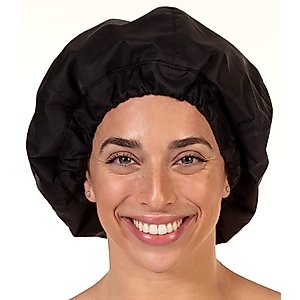 Premium Shower Cap for Women with Long Hair. Reusable, 100% Waterproof, Double-Sided, Great For Curls with Anti-Frizz Fabric terry-lined. Black shower caps for women