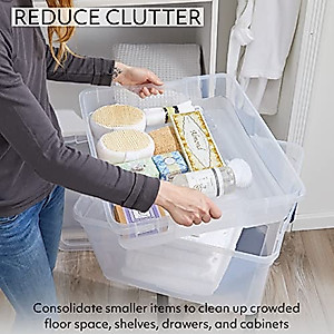 Rubbermaid 71 Qt. Cleverstore Clear Bundle with Tray Inserts, Pack of 4, Clear Plastic Storage Bins with Built-In Handles to Maximize Storage, Great for Large and Small Items