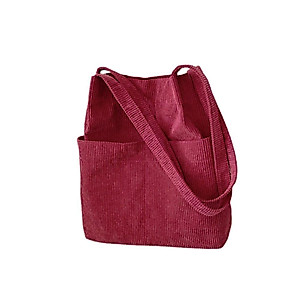 MadGrandeur Corduroy Tote Bag for Women Solid Color Dual Front Opening Slip Pockets Chic Casual Student Shoulder Purse Shopper HandBag (Red)