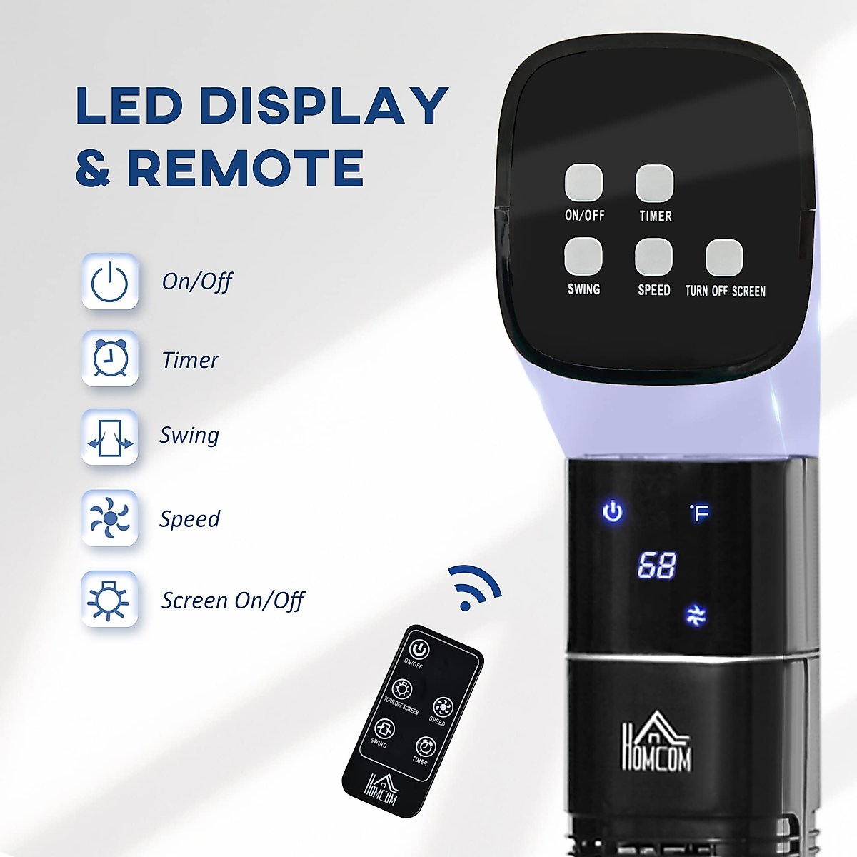 HOMCOM 47.25" Oscillating Tower Fan Cooling for Bedroom with 3 Speeds, Floor Fan with 12h Timer, LED Display, and Remote Control, Black