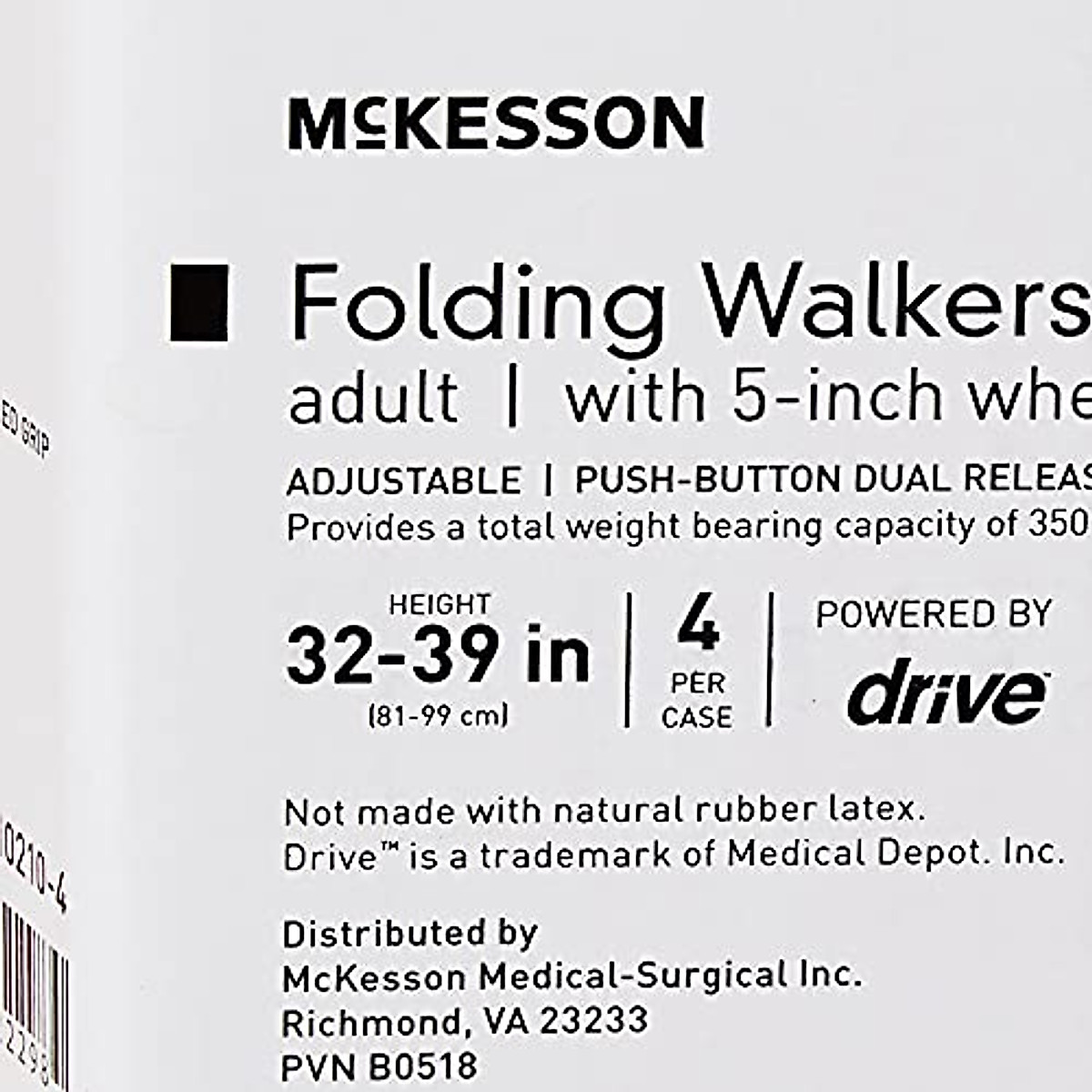 McKesson Folding Walkers with Wheels, Aluminum, 32 in to 39 in, 350 lbs Weight Capacity, 1 Count