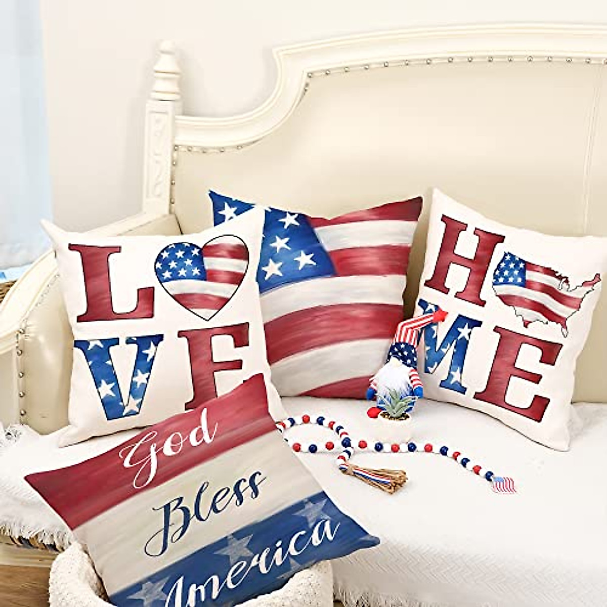 GEEORY 4th of July Decorations Pillow Covers 18x18 Set of 4 Memorial Day American Flag Stars and Stripes Patriotic Throw Pillow Covers Love America Pillows Case Independence Day Decor
