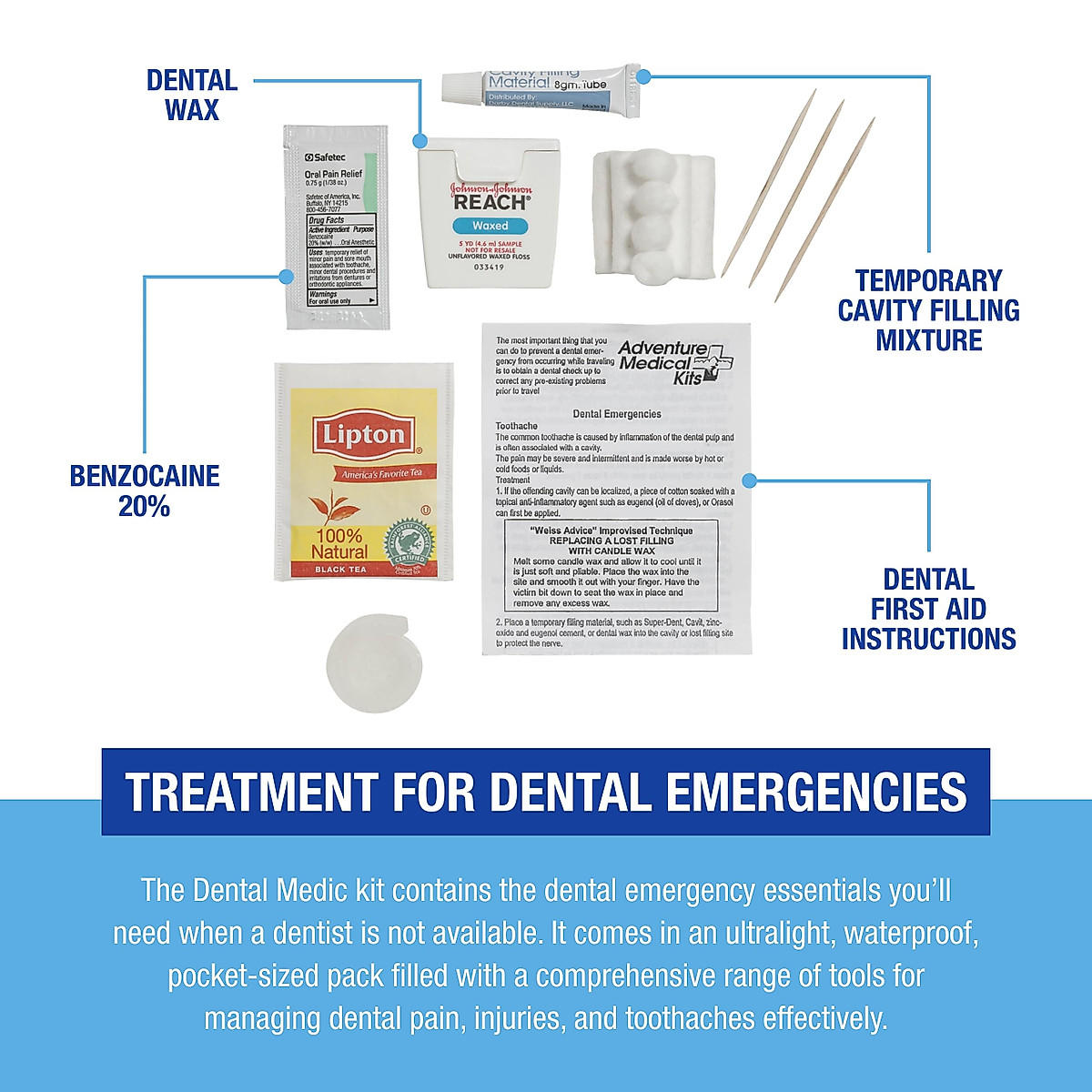 Adventure Medical Kits Dental Medic Kit - Travel Dental Kit for Emergency Tooth Care - Includes Orasol Gel, Tural Tea, Temporary Cavity Filling & More