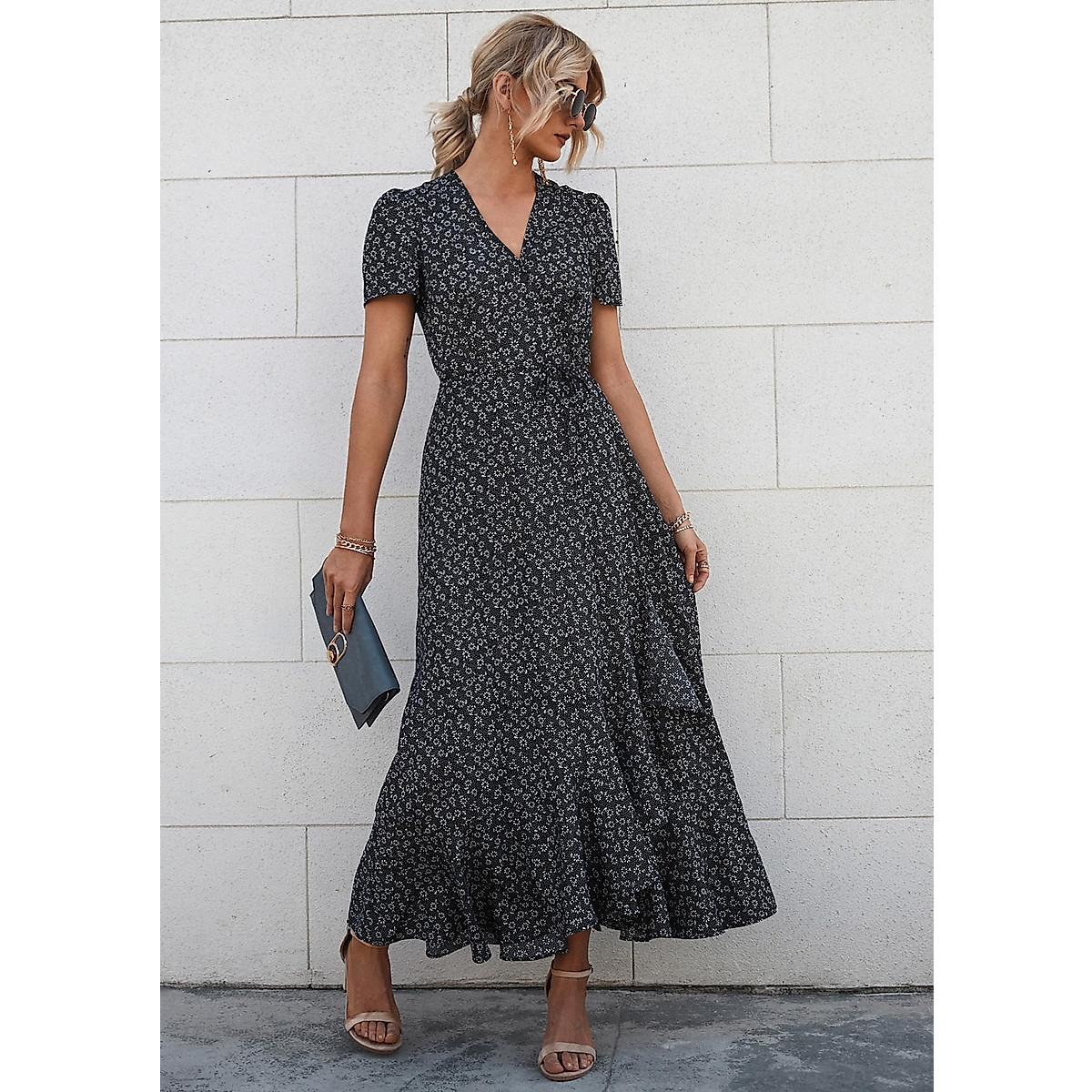 PRETTYGARDEN Women's Summer Wrap Maxi Dress Casual Boho Floral V Neck Short Sleeve Ruffle Hem Split Beach Long Dresses (Black,XX-Large)