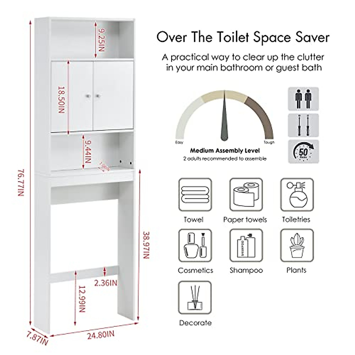 ME2 Bathroom Over The Toilet Storage, 77'' Taller Bathroom Organizer Shelf Space-Saving Collect Cabinet with Shelves and Double Doors, White