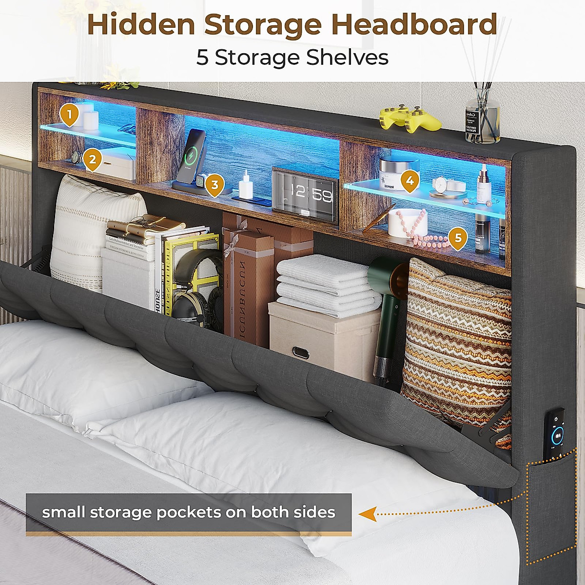 ADORNEVE Queen Floating Bed Frame with Storage Headboard and RGB LED Lights, Linen Upholstered Platform Floating Bed with USB-C/A Charging Station,Innovative Stable Structure,Dark Gray