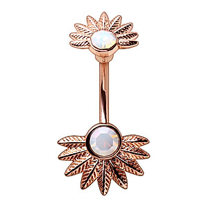 Pierced Owl 14G Rose Gold Plated Stainless Steel Synthetic Opal Palm Leaves Belly Button Ring