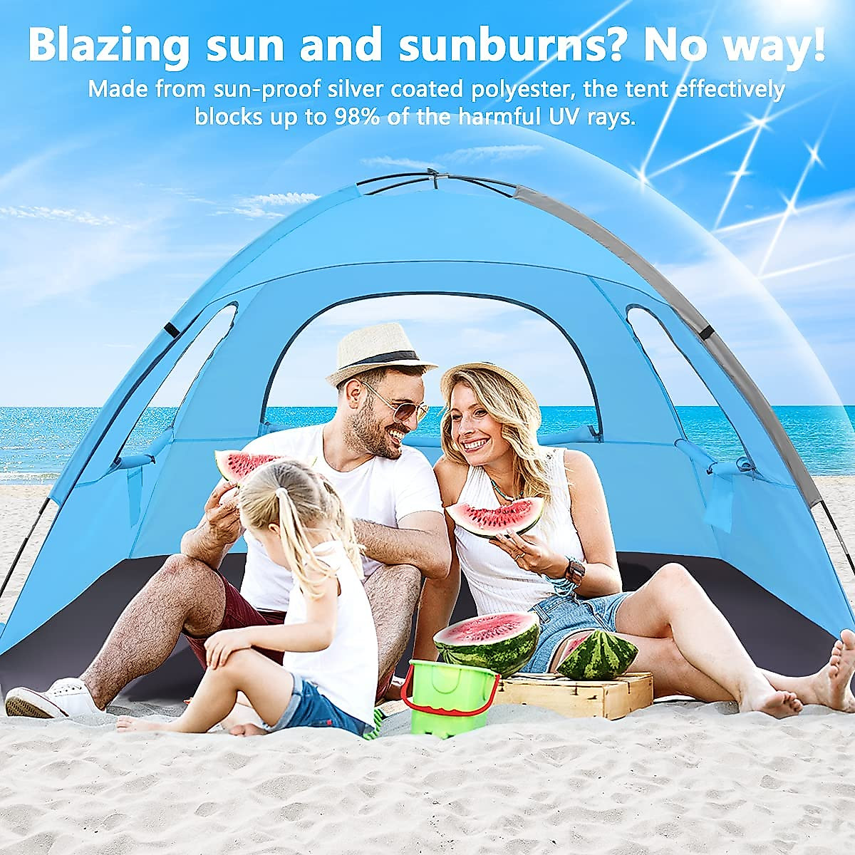 NXONE Beach Tent Sun Shade Shelter for 2-3 Person with UV Protection, Extended Floor, 3 Mesh Roll Up Windows & 8.0mm Fiberglass Rods丨Carry Bag Included (Ocean Blue)