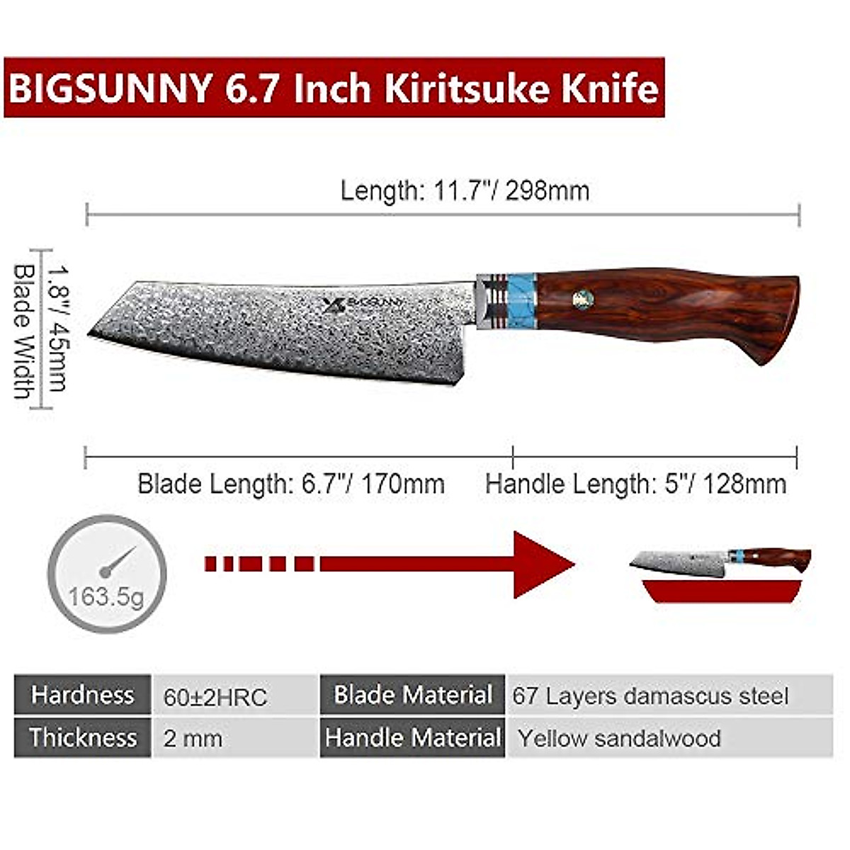 MSY BIGSUNNY Kiritsuke Knife - 67 Layers Damascus Steel - 6.7 Inch Blade - Stain & Corrosion Resistant Handmade Chef Knives