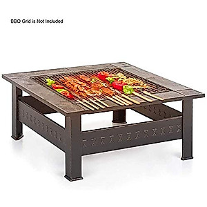 LEAYAN Garden Fire Pit Portable Grill Barbecue Rack Outdoor Fire Pit with BBQ Grill Shelf, Outdoor Metal Brazier Square Table Firepit Garden Patio Heater with Cover BBQ Cooking for Camping Backyard