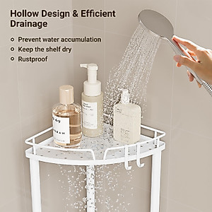 ELYKEN Corner Shower Caddy Standing, 3 Tier Rustproof Metal Shower Organizer with Soap Holder, Floor Shower Corner Shelf Rack Storage Stands with Adjustable Feet & 2 Hooks for Bathroom, White