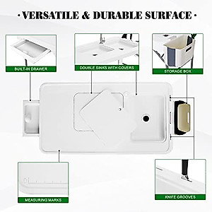 Allpop Folding Fish Cleaning Table with 2 Sinks, 42.5’’ Portable Camping Fish Fillet Station with Faucet, Spray Nozzle, Drain Hose, Storage Box, Built-in Drawer& Knife Groove for Picnic, White