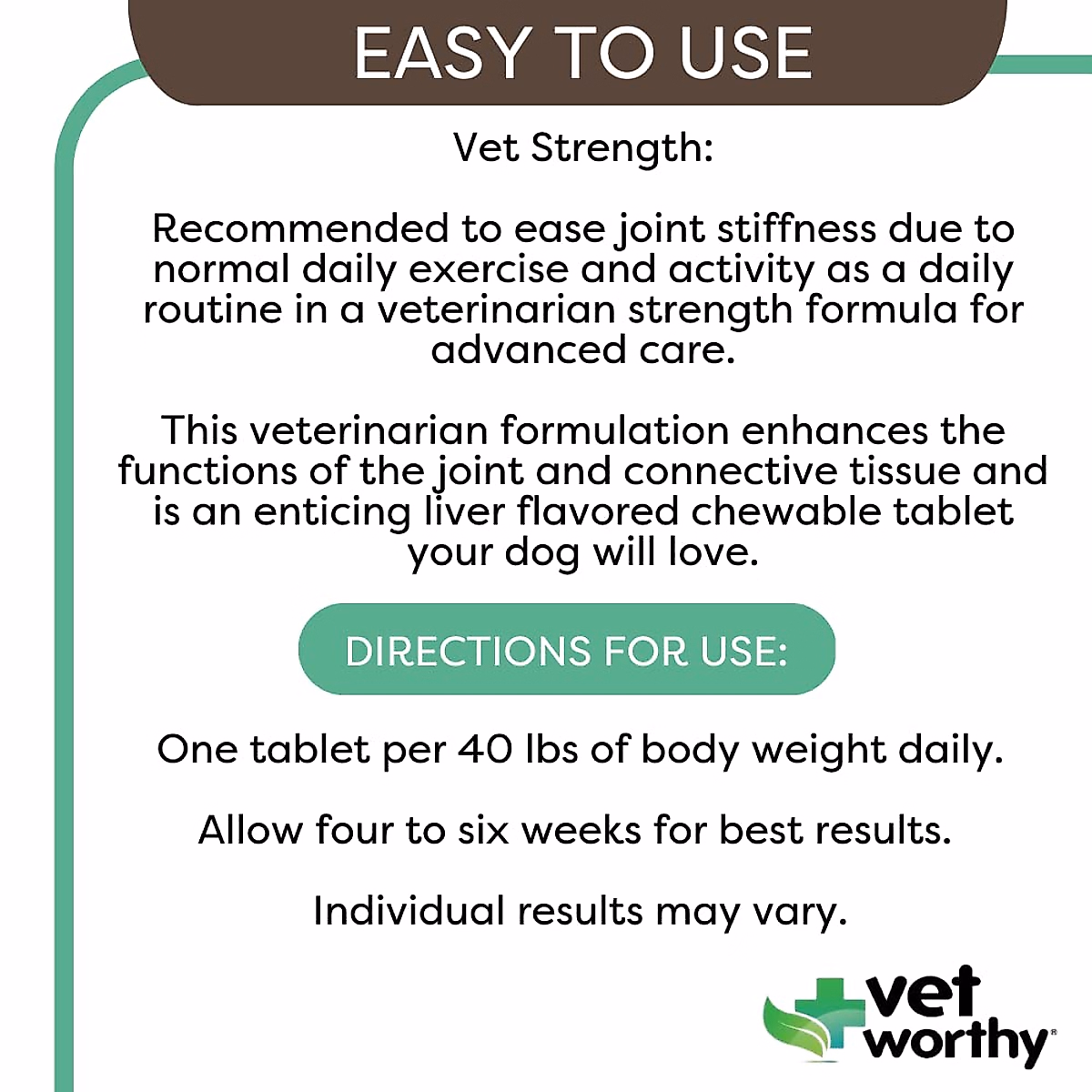 Vet Worthy Joint Support Level 4 - Chewable Tablet| Supports Bone Health and Healthy Joints - Dog Supplement with Glucosamine and Hyaluronic Acid | Vet Strength Joint Care | Liver Flavor, 60-Count