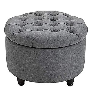 HOMCOM Round Linen-Touch Fabric Storage Footstool Ottoman Button Tufted Footrest with Removable Lid, Grey