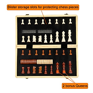 JOYOUSLIFE Magnetic Wooden Chess & Checkers Set, 15'' Folding Chess Boards with 2 Extra Queens and Carry Bag, 2 in 1 Portable Travel Chess Board Game for Adults Kids Tournament Professional Beginner