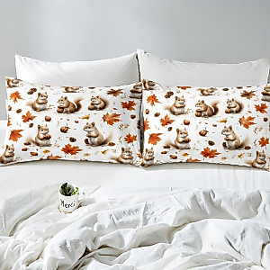 Feelyou Boys Girls Fall Autumn Sheet Set Full Size, Cute Squirrel Bed Sheets Set Cartoon Animal Sheets with Deep Pocket Fitted Sheet Kids Maple Leaf Teens Bedding Set with 2 Pillow Case
