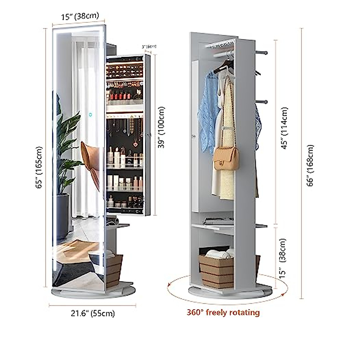 LVSOMT 360°Swivel Full-Length Mirror Jewelry Cabinet Armoire, Touch Screen Full Body Mirror with Jewelry Storage, Large Floor Jewelry Organizer for Bedroom, w/Coat Rack, Shelves(White)