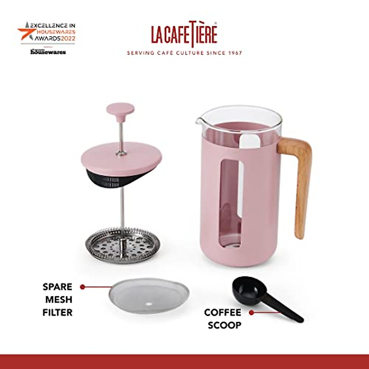 La Cafetière Pisa Cafetière, 3-Cup/350ml, Heat-Resistant Borosilicate Glass and Stainless Steel with Easy-Grip Plunger, Small French Press Coffee Maker for Loose Tea and Ground Coffee, Pink