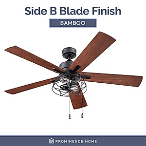 Prominence Home Marshall, 52 Inch Industrial Style LED Ceiling Fan with Light, Pull Chain, Three Mounting Options, Dual Finish Blades, Reversible Motor - Model 51457-01 (Matte Black)