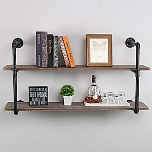 Womio Industrial Pipe Shelving Wall Mounted,Rustic Metal Floating Shelves,Steampunk Real Wood Book Shelves,Wall Shelf Unit Bookshelf Hanging Wall Shelves,Farmhouse Kitchen Bar Shelving(2 Tier,44in)