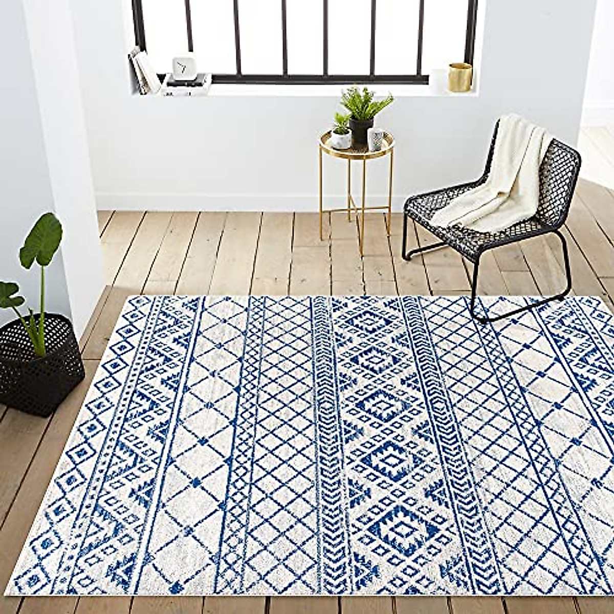 JONATHAN Y MOH103A-8 Moroccan Hype Boho Vintage Tribal Cream/Blue 8 ft. x 10 ft. Area-Rug, Bohemian, Easy-Cleaning, for Bedroom, Kitchen, Living Room, Non Shedding