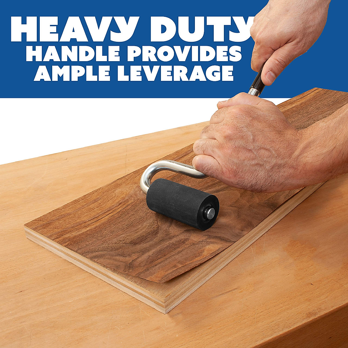 Fulton Long Handle J Roller with Thick Rubber Roller 1-1/2” in Diameter by 2-7/8” Wide For Veneers Laminate Wall Coverings and Edge Banding for Maximum Pressure Adhesion