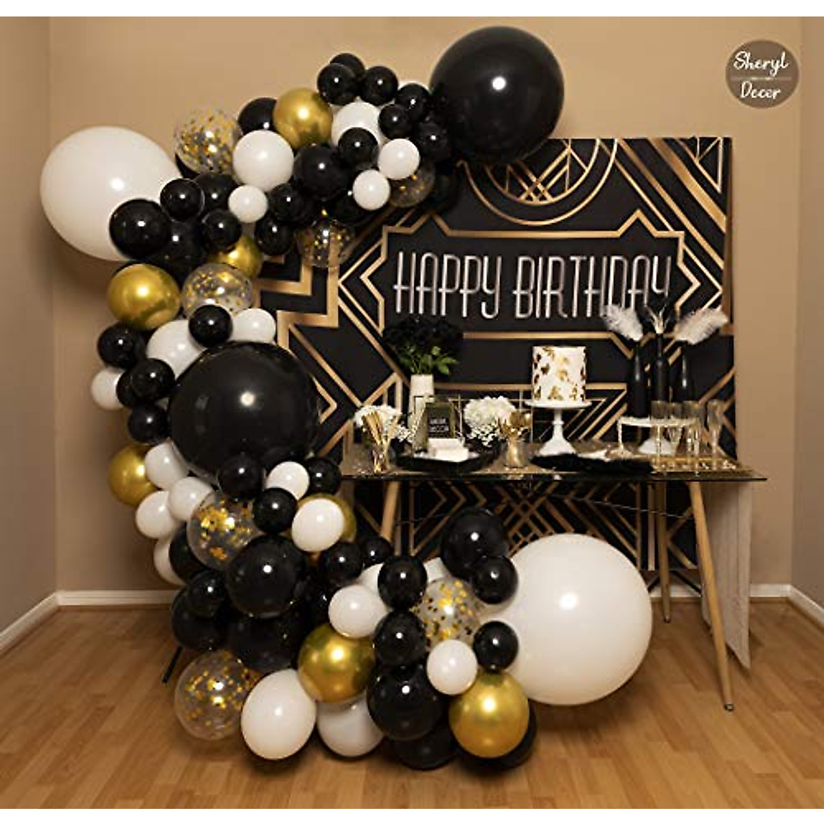 100pc EASY DIY – Black White Gold Balloon Garland Kit & Arch – Small and Large Black White and Gold Balloons with Confetti – Black and Gold Party Decorations for Graduations, New Years, Birthday