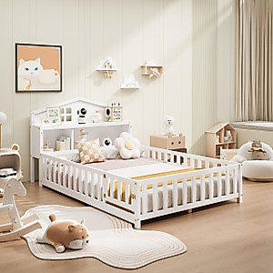 DEINPPA Full Size Floor Platform Bed with Storage Shelf and Openable Gate, Montessori Kids Platform Bed Frame with Bookcase Headboard for Toddler Kids Child Boys Girls- White