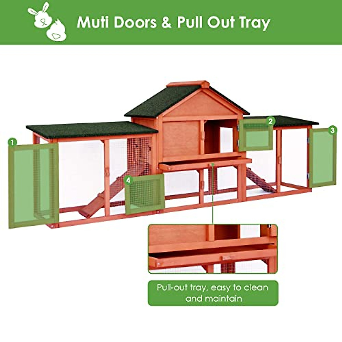 Arlopu 83" Rabbit Hutch Outdoor, Extra-Large Wooden Rabbit Cages Indoor, Bunny Poultry Animals Pet Cages, Weather-Proof Hamster House w/Removable Tray, 2 Ramps, 4 Ventilation Doors, for Yard, Farm