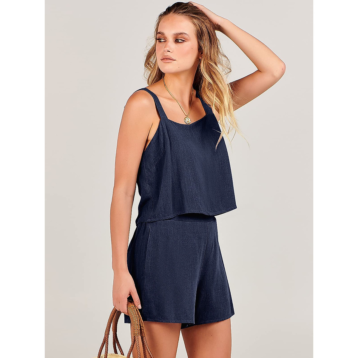 ANRABESS Womens 2 Piece Linen Sets Square Neck Crop Short Lounge Matching Sets 2024 Summer Trendy Beach Outfits 1020zangqing-L