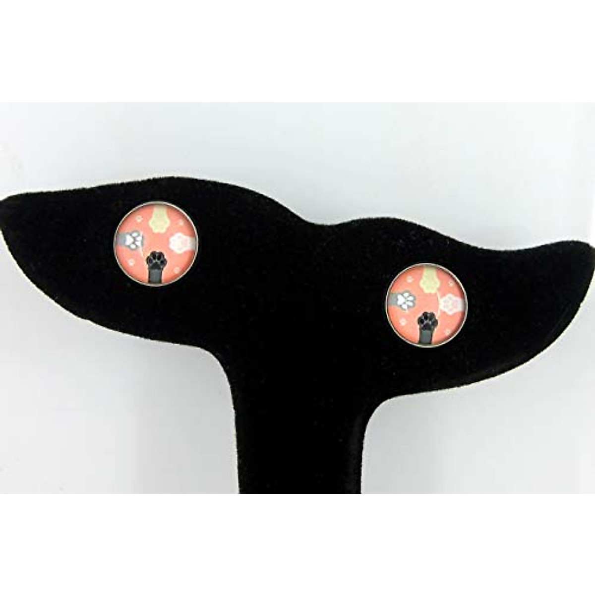 Stainless Steel Peach Cat Paw Print Glass Stud Earrings 12mm