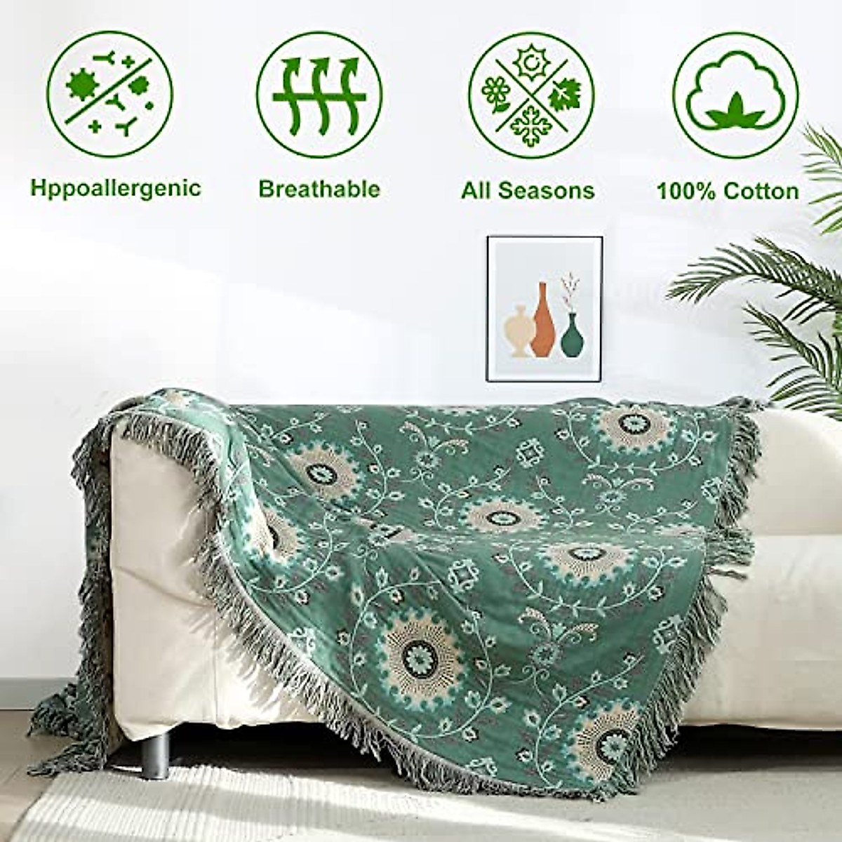 Skrmisda Bohemian Throw Blanket, Boho Blankets 90x98 Inch King Cotton Reversible Ultra Soft Light Quilt Comfy Cozy Bedding Coverlet Sofa Throw(Green+Beige)