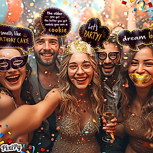 Premium Birthday Photo Booth Props Kit - 27 Pieces Black & Gold Party Decorations - Durable & Easy-to-Use Photobooth Props Signs for Memorable Photos - Party Supply Decorations - by PixiPy